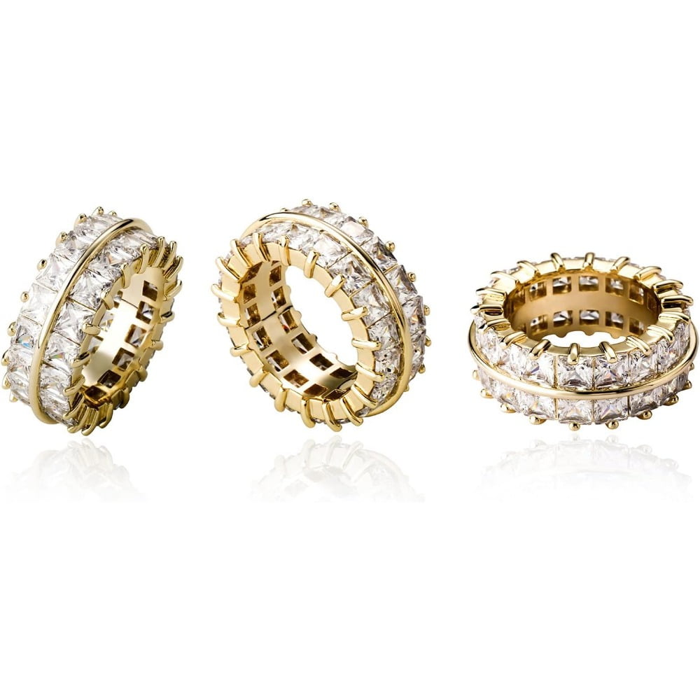 14K Gold Double-Row Princess Cut Center Stone Ring, Hip-Hop Style ...