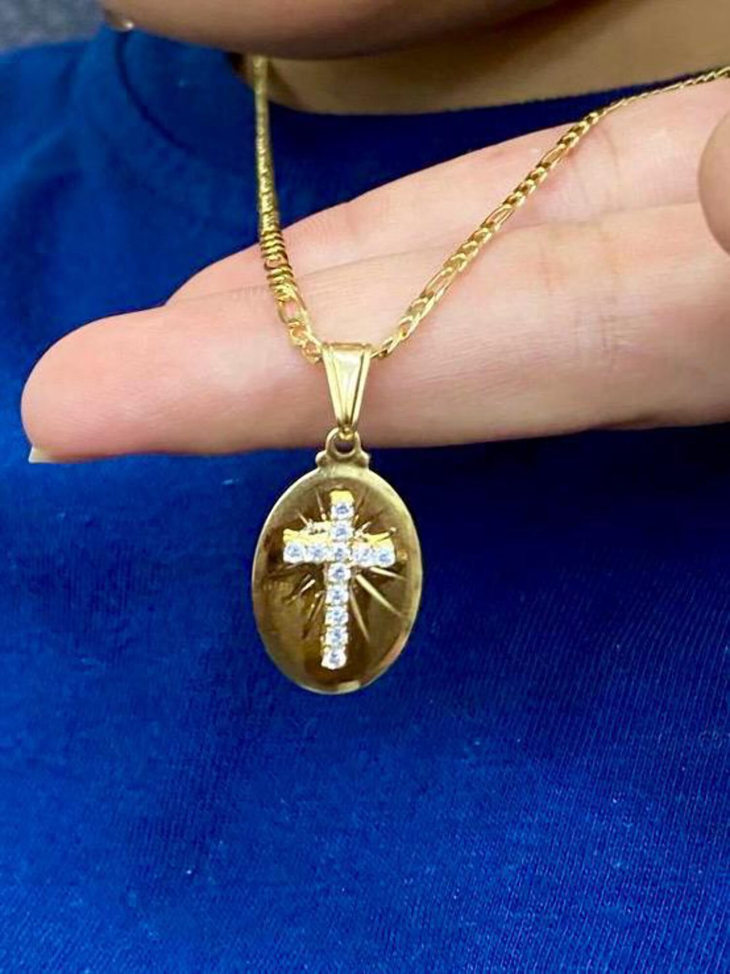 14K Gold Filled Cross Necklace Pendant CZ Figaro Chain Unisex Baby 16 ...