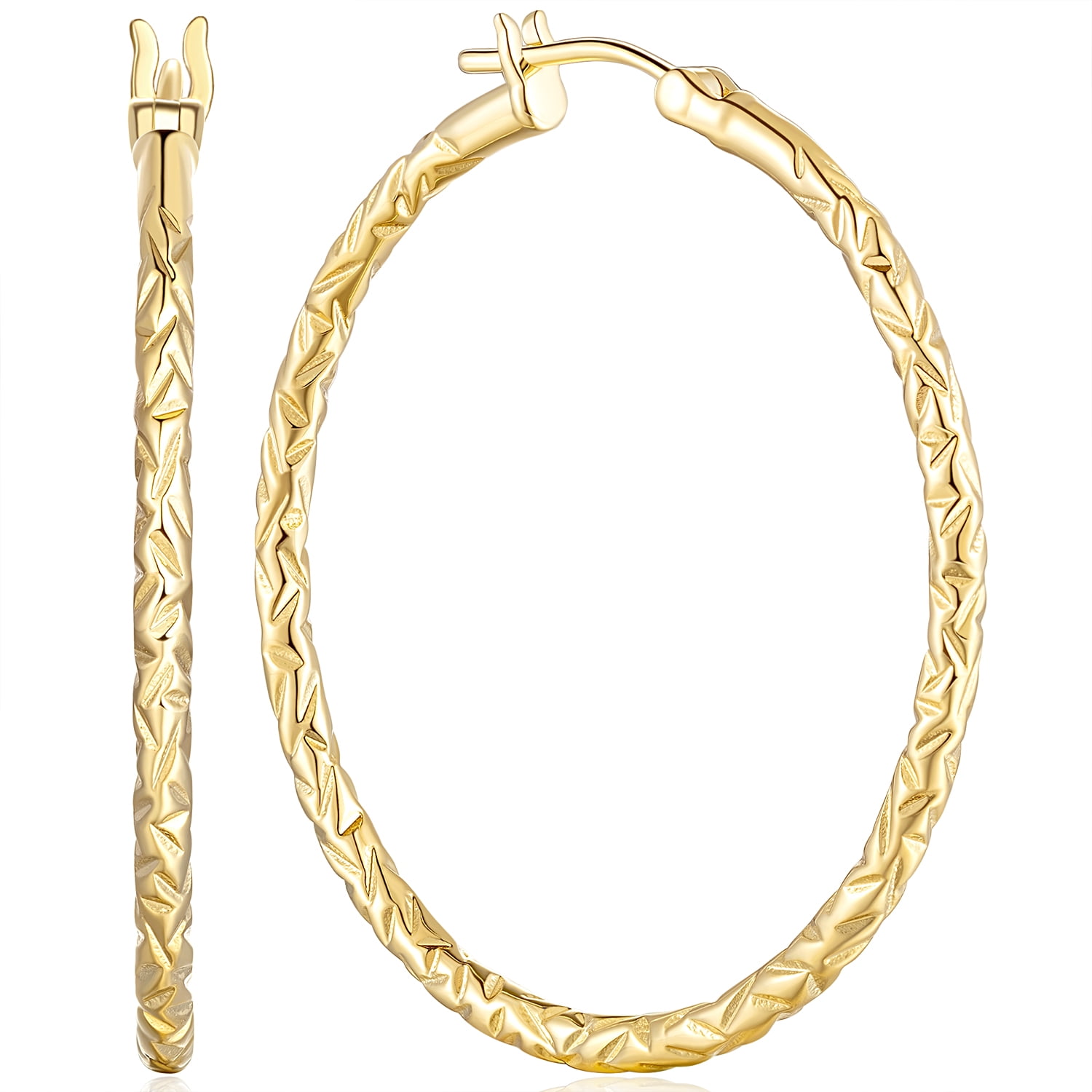 14K Gold Hoop Earrings for Women Textured 40mm Large Gold Hoops with ...