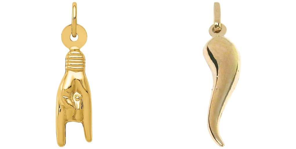 14K Gold Mano Cornuto Hand Sign Charm & 14K Gold Charm Italian Horn ...