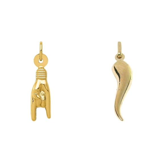 14K Gold Mano Cornuto Hand Sign Charm & 14K Gold Charm Italian Horn ...