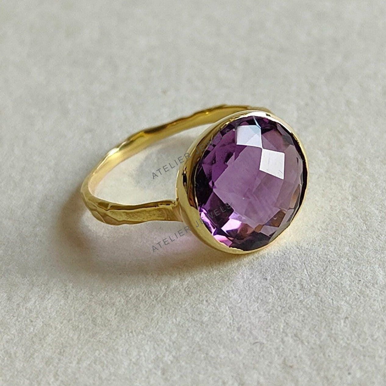 14K Gold Natural Purple Amethyst Ring, 14K Solid Yellow Gold Ring ...