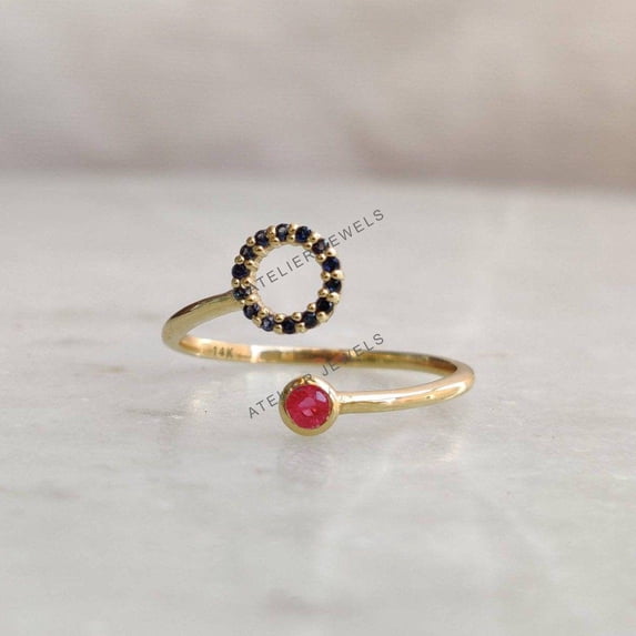 14K Gold Natural Ruby & Blue Sapphire Ring, Solid Yellow Gold Ring ...