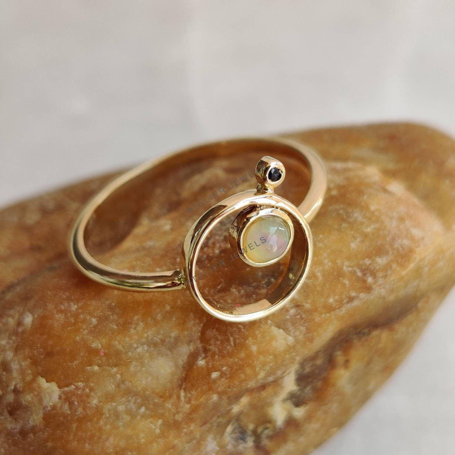 14K Gold Opal Blue Sapphire Ring ,Opal With Blue Sapphire Ring, Natural ...