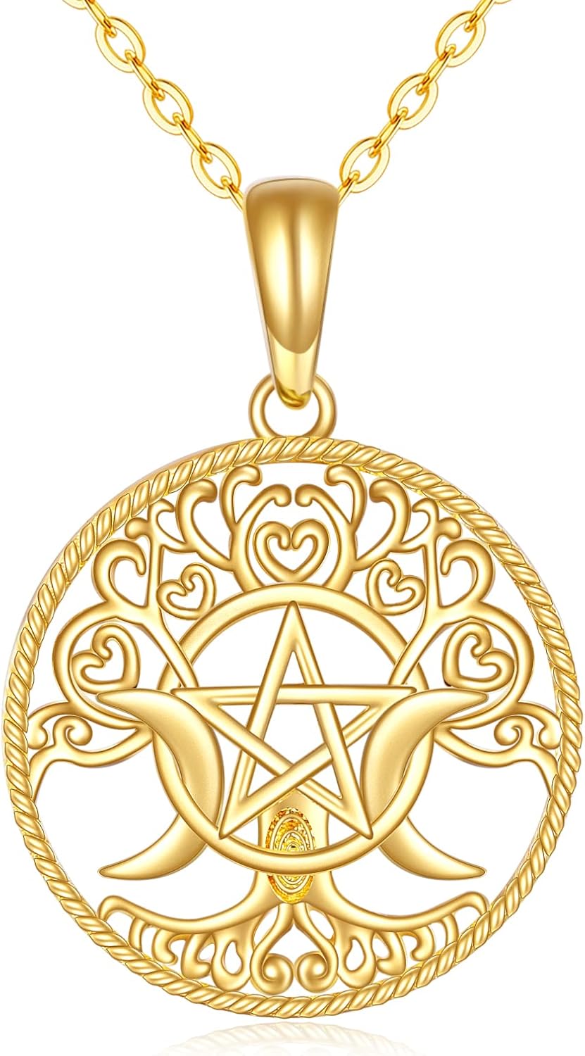 14K Gold Pentagram Pentacle Necklace Triple Moon Goddess Pentacle ...