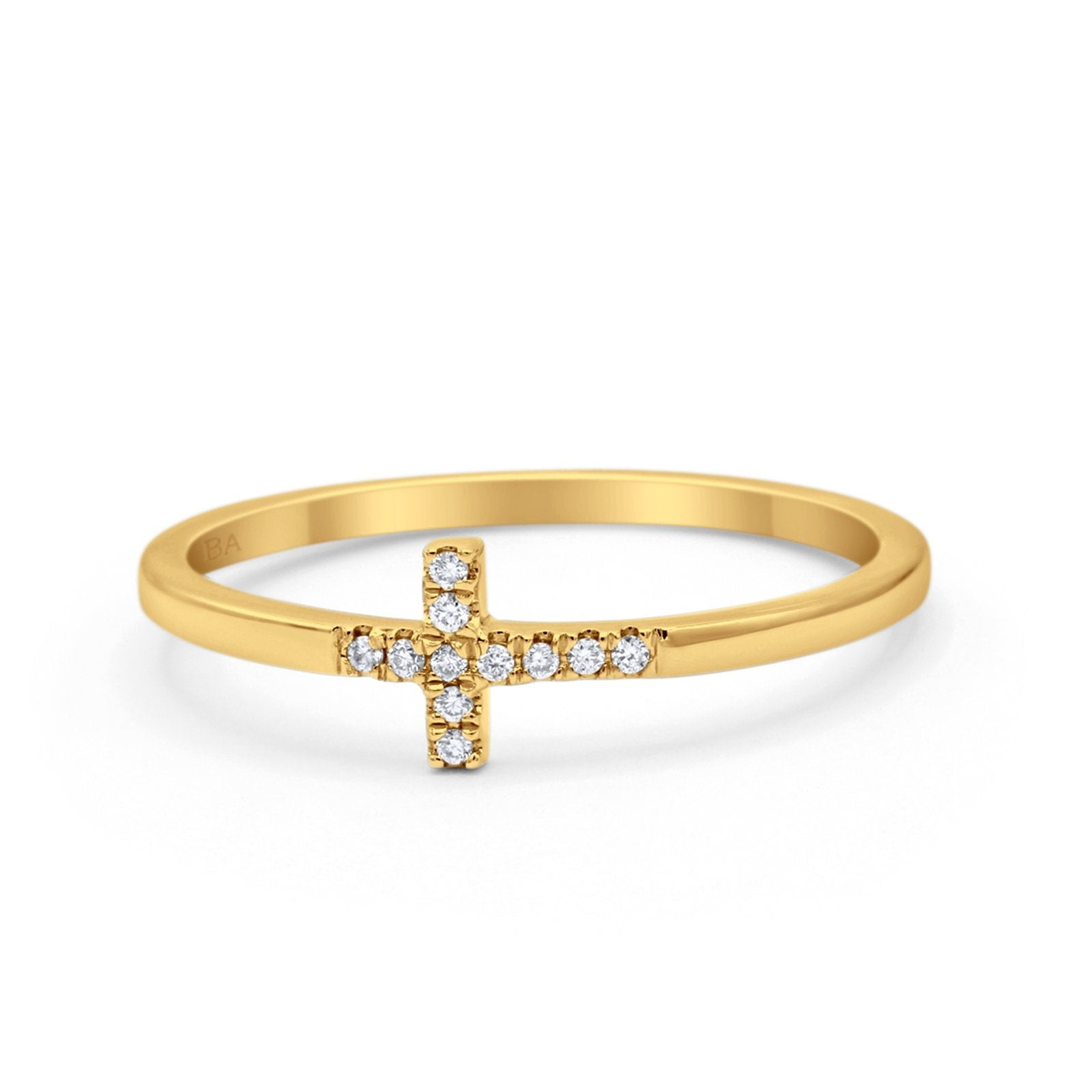 14K Gold Petite Dainty Religious Cross Ring Round Natural Diamond 0 ...