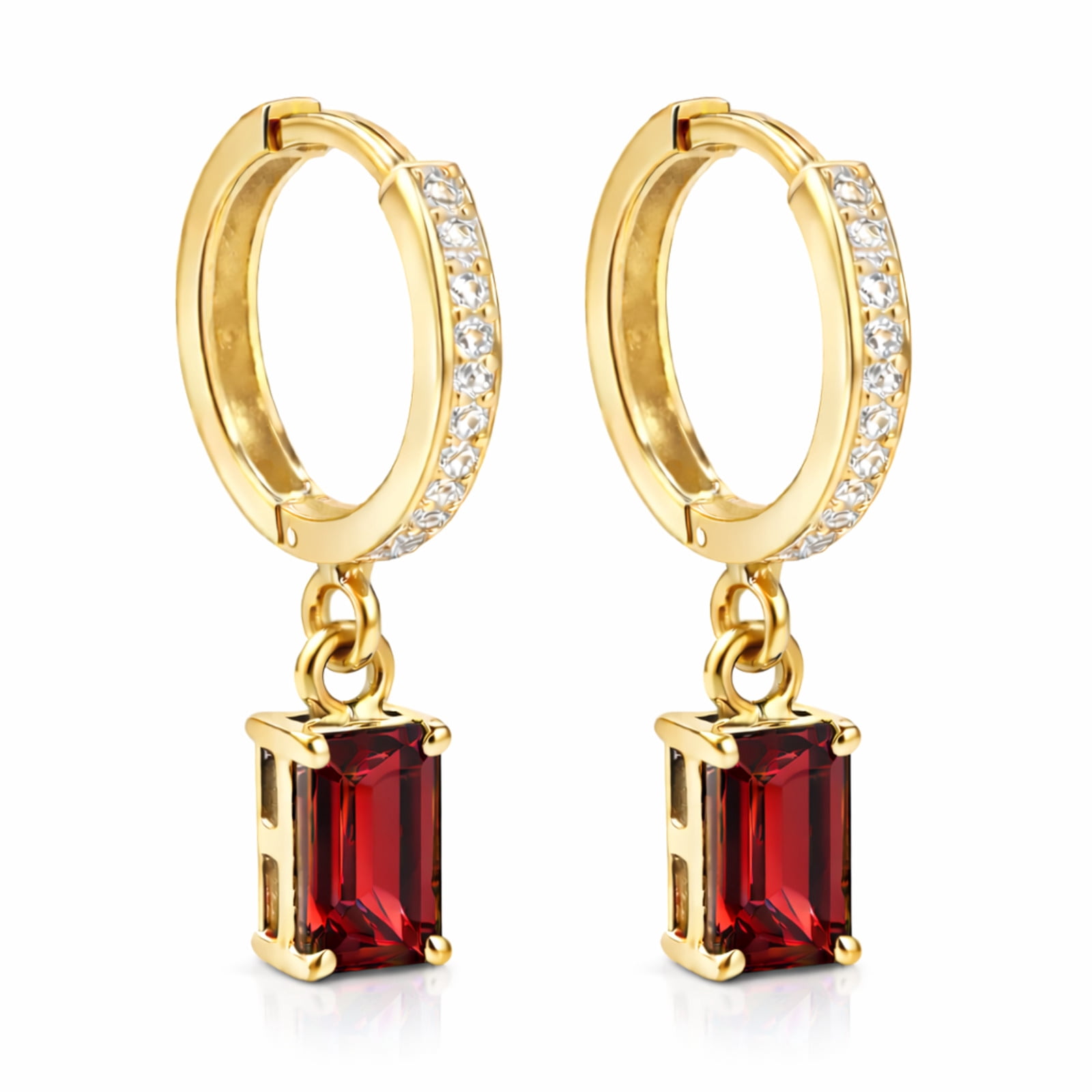 14K Gold Plated 925 Sterling Silver Garnet Drop Hoop Earrings Women ...