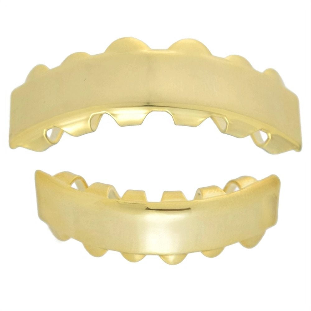 14K Gold Plated Bar Grillz Set Upper Top And Bottom Lower Plain Teeth ...