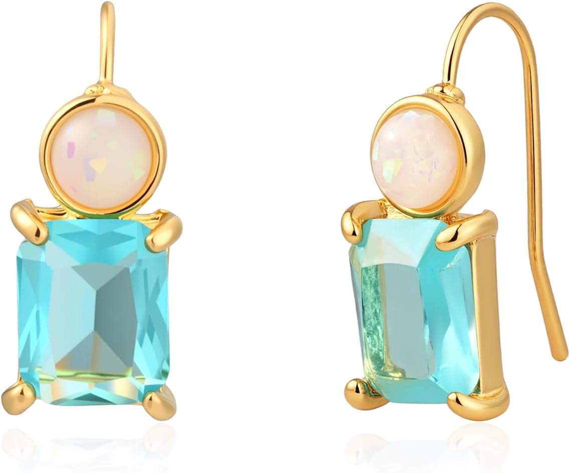 14K Gold Plated Blue Square Aquamarine Opal Threader Dorp Dangle Pull ...