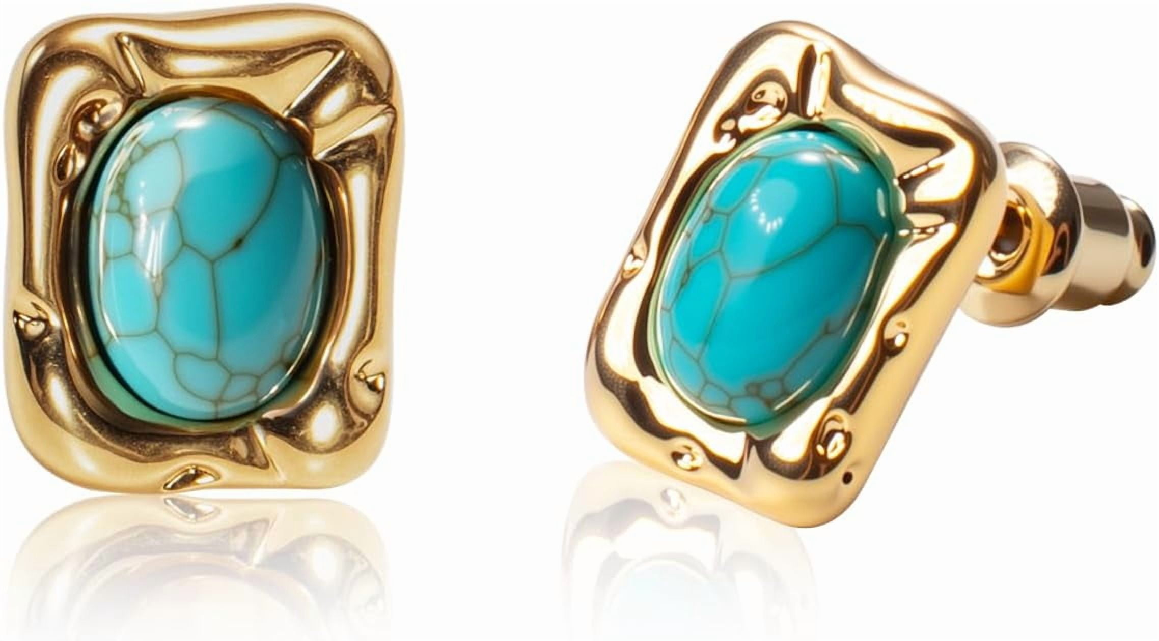 14K Gold Plated Border Square Boho Gemstone Stud Earrings for Women Turquoise and Tiger Eye ...