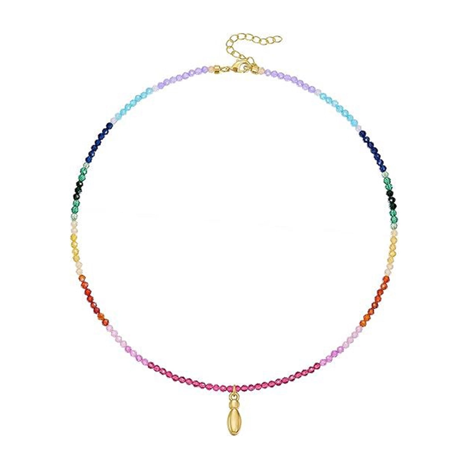 14K Gold Plated Bubbled Letter Pendant Necklace With Rainbow Gemstones Beads For Women Vocation ...