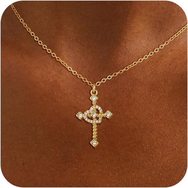 14K Gold Plated Cross Necklace for Women, Dainty Cross Pendant Necklace ...