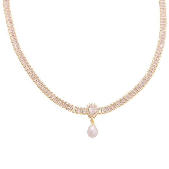 14K Gold Plated Cubic Zirconia Choker Necklace with Teardrop Pearl ...