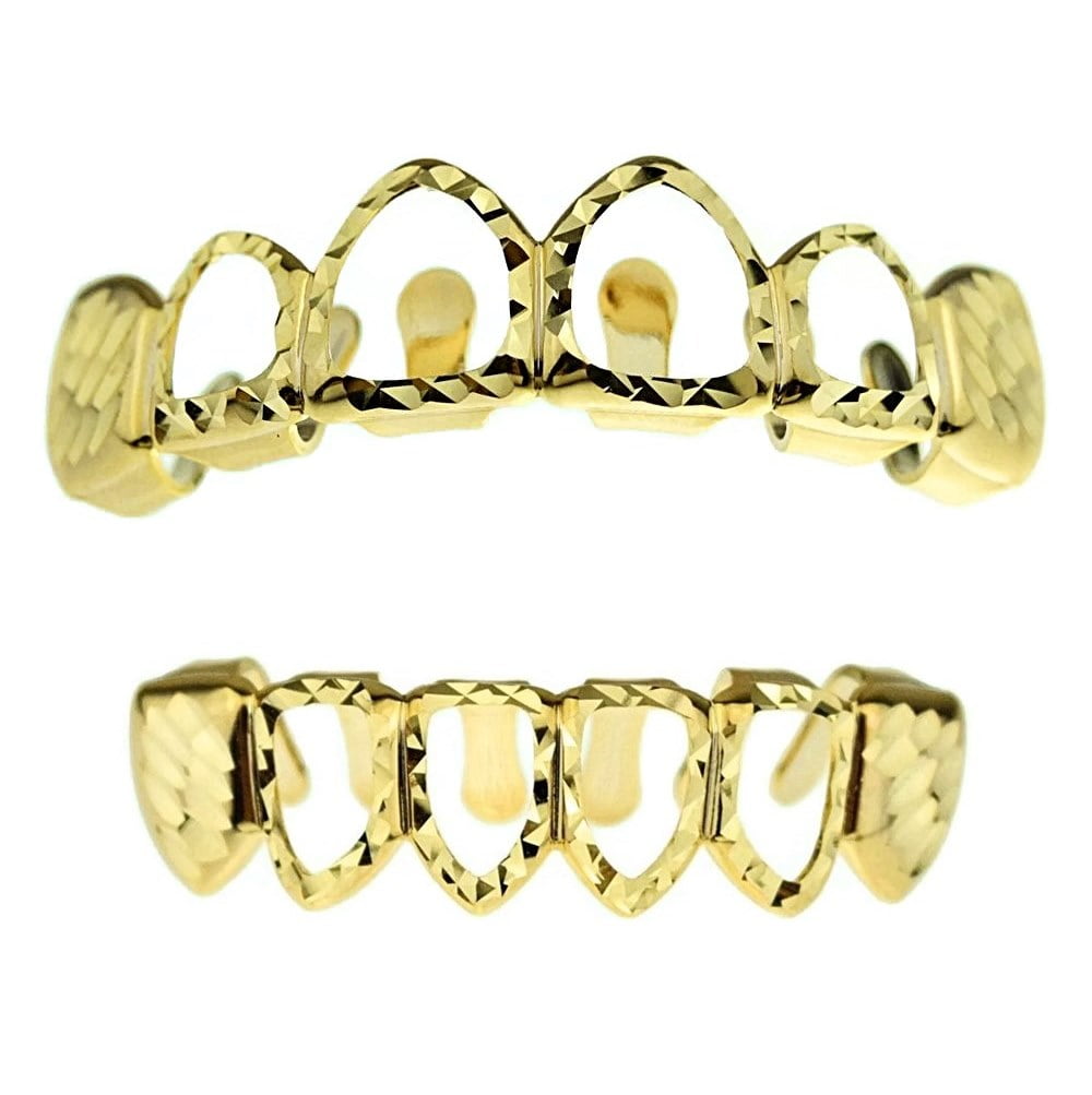 14K Gold Plated Grillz Set Diamond-Cut Four 4 Open Face Upper Top And ...