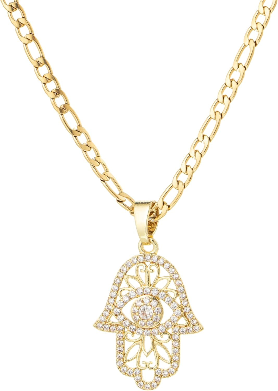 14K Gold Plated Hollowed Hamsa Hand Evil Eye Pendant Necklace for Women ...