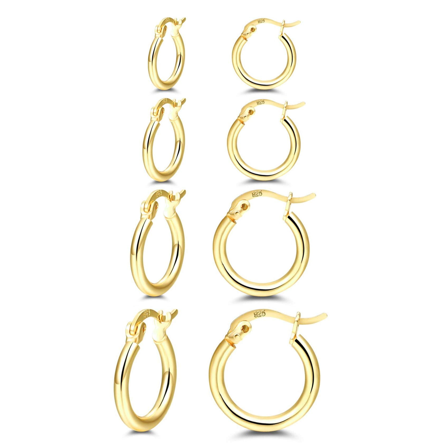 14K Gold Plated Hoop Earrings - 4 Pairs Sterling Silver Post Small ...
