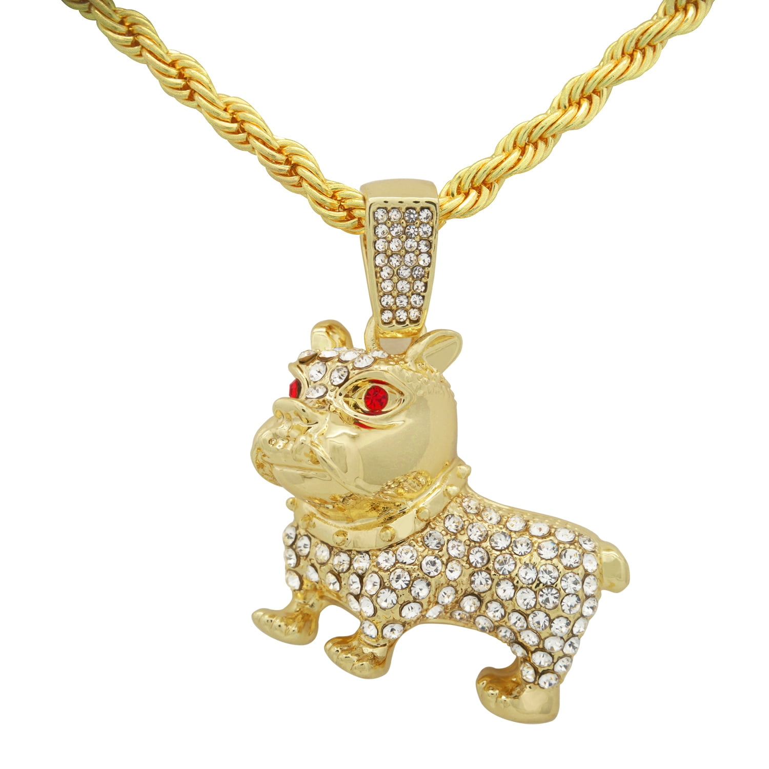 14K Gold Plated Iced Out Hip Hop BullDog Dog Pendant With 24" Rope ...