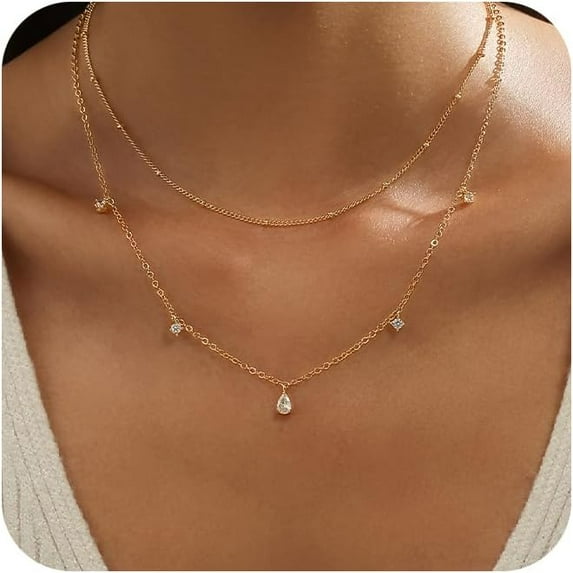 14K Gold Plated Layered Neckalce Set for Women Stack Small CZ Teardrop ...