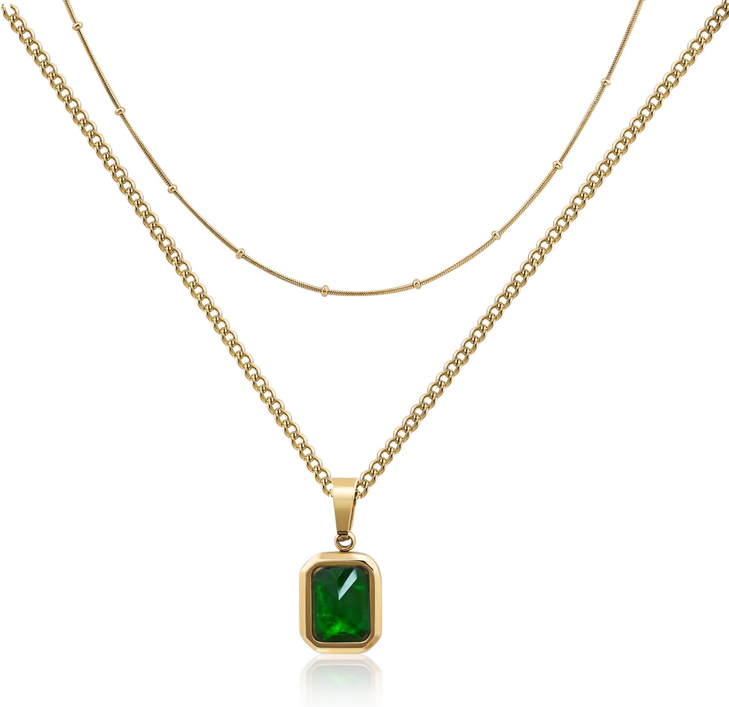 14K Gold Plated Layered Necklace Emerald Green Necklace for Women Tiny ...