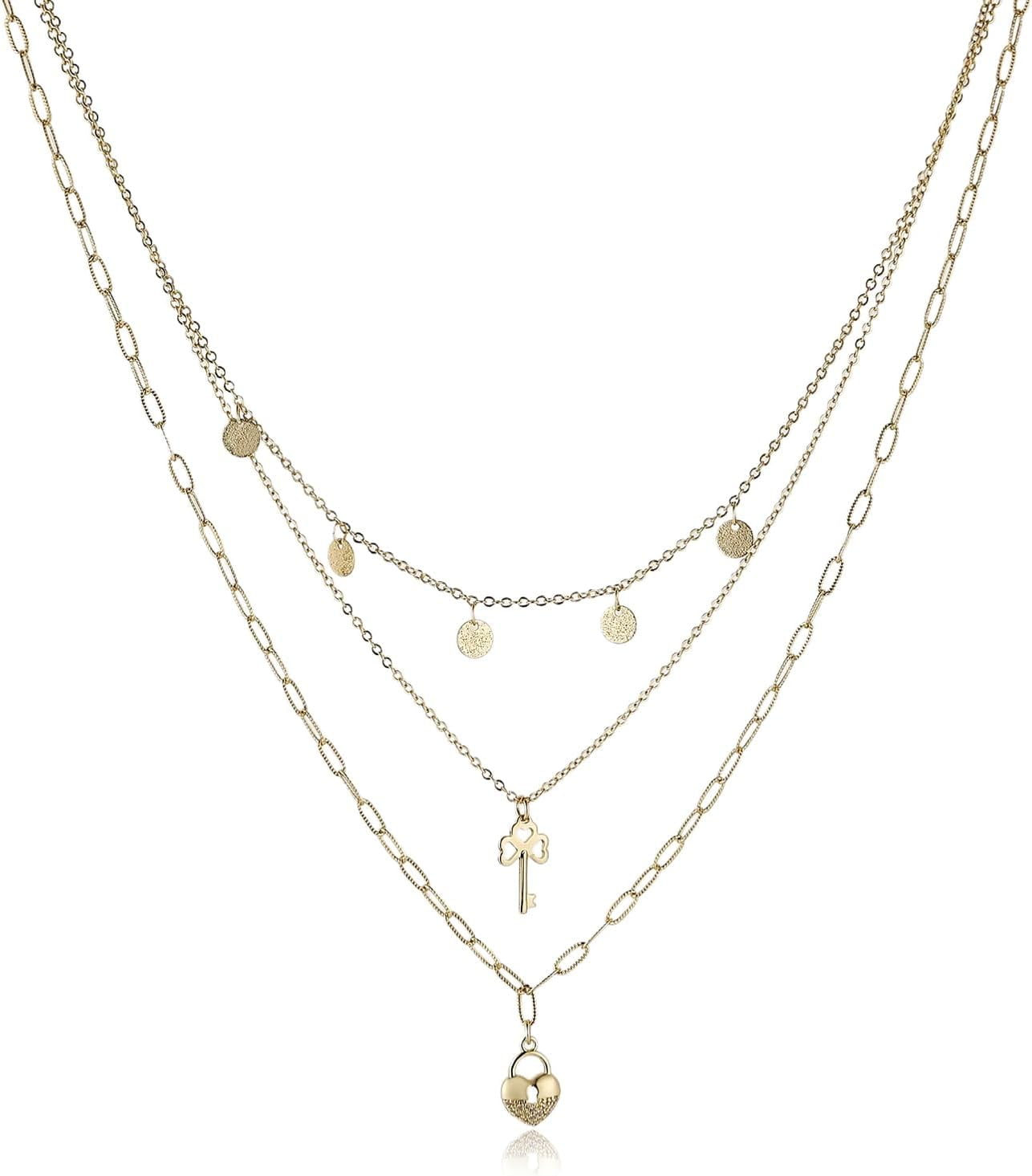 14K Gold Plated Layered Necklace for Women Dainty Gold Key Lock Pendant ...