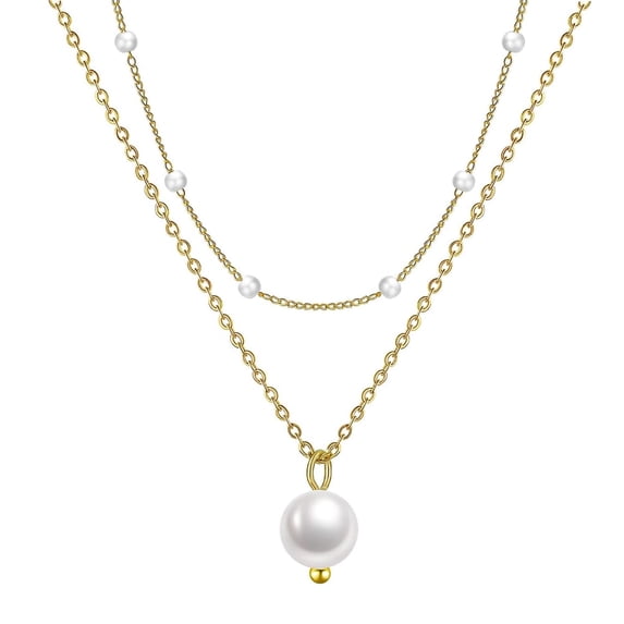 14K Gold Plated Layered Pearl Necklace for Women, Trendy Herringbone ...