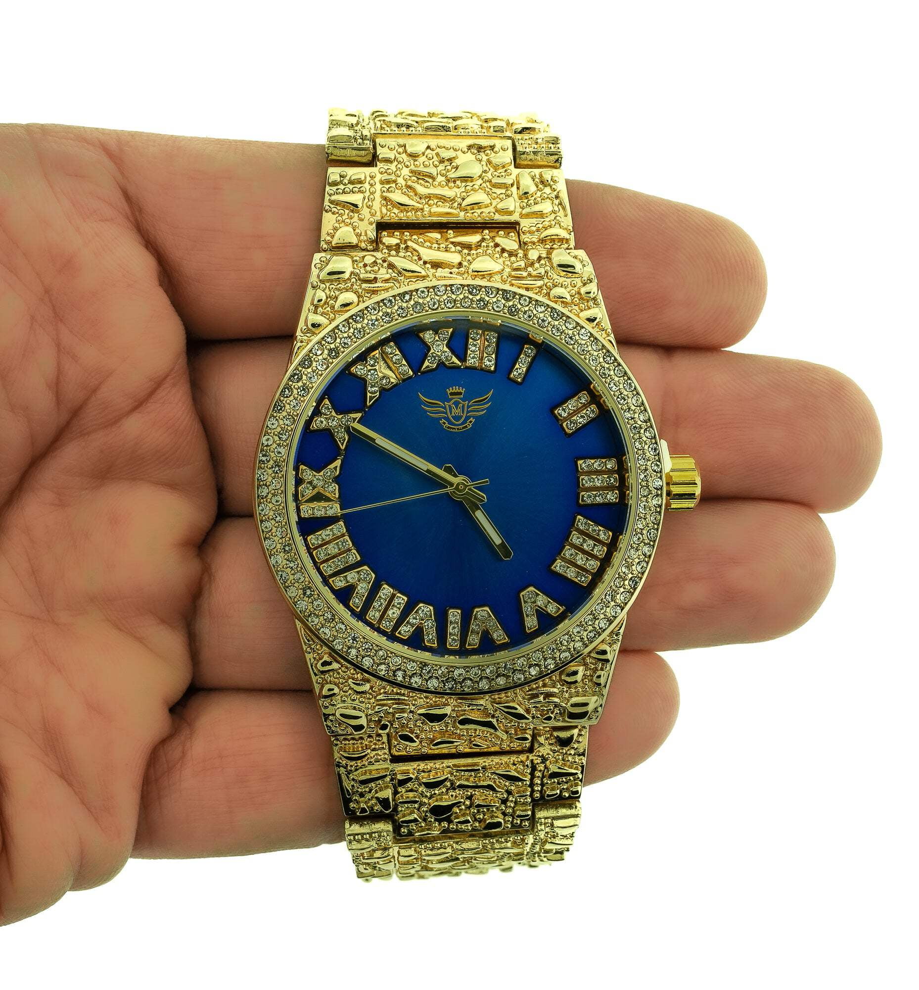 14K Gold Plated Nugget Watch Mens Iced CZ Hip Hop Blue Roman Numeral ...