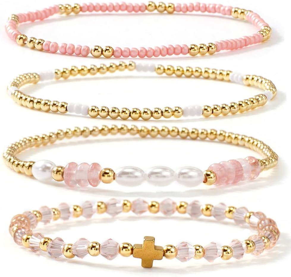 14K Gold Plated Pearl Crystal Cross Beaded Paperclip Stack Bracelets ...