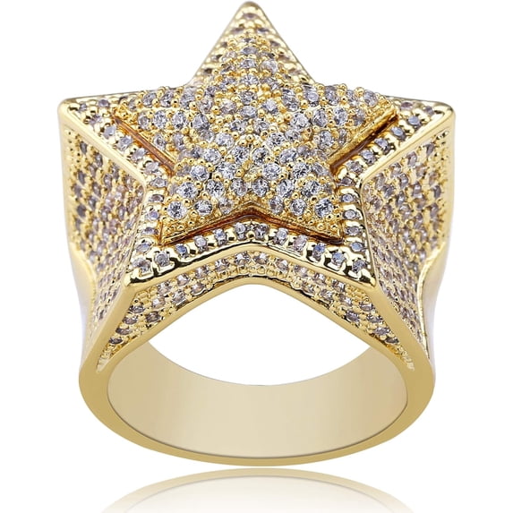 14K Gold Plated Star Ring Iced Out CZ Simulated 3D Star Punk Rappers 5 ...