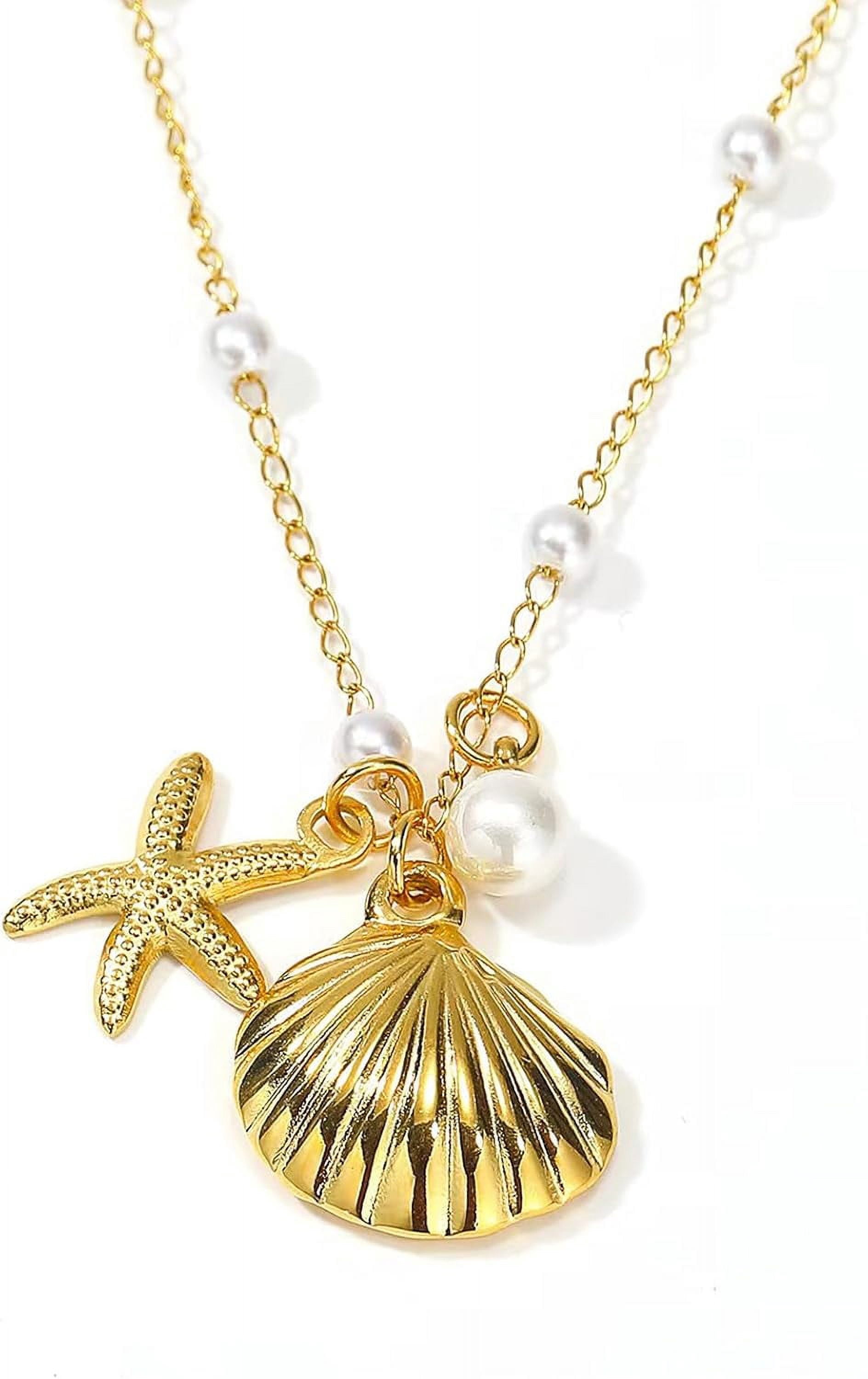 14K Gold Plated Starfish and Shell Pendant Necklace for Women - Boho Beach Summer Ocean Jewelry ...