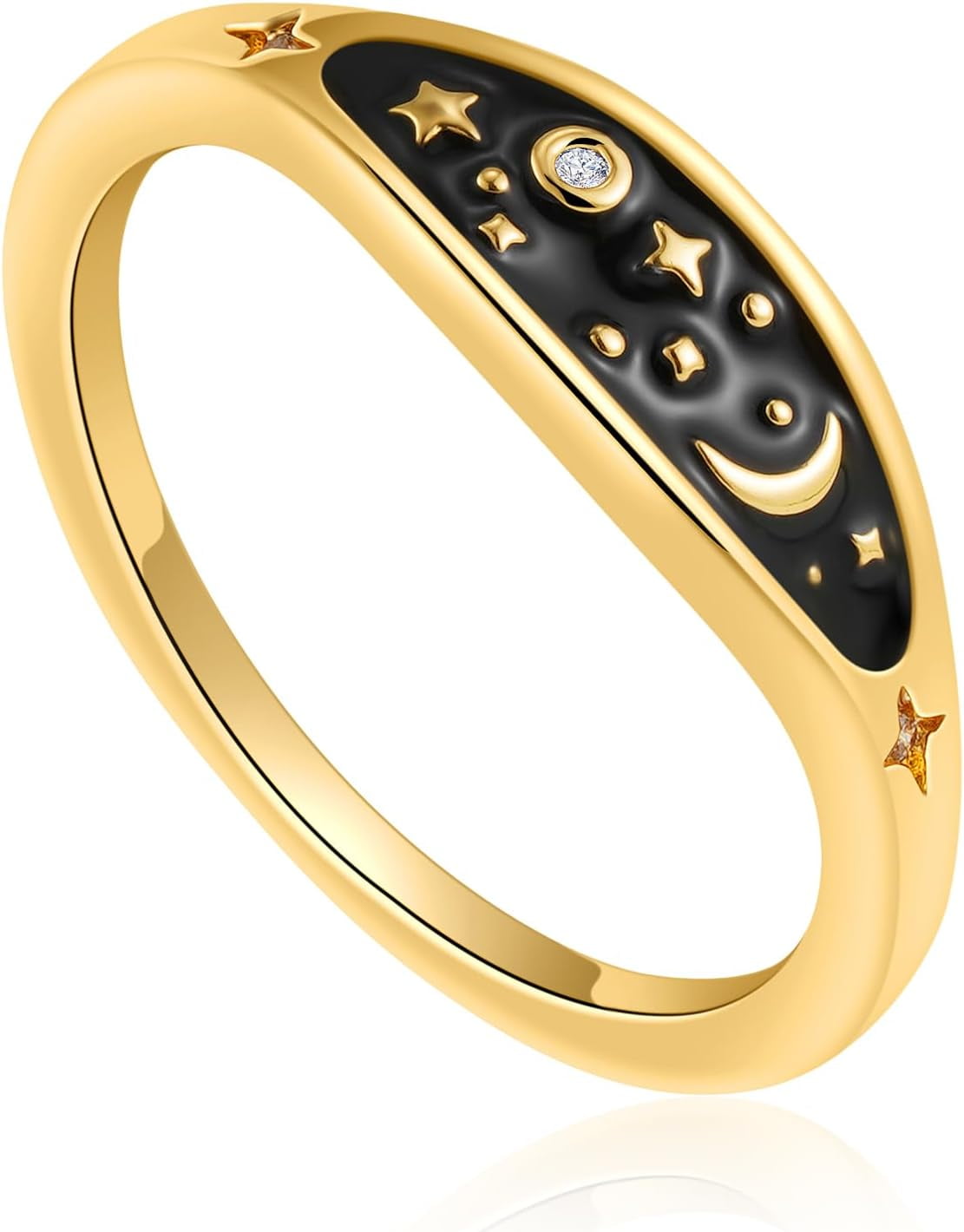 14K Gold Plated Starry Night Sky Ring, Celestial Blue Enamel Statement ...
