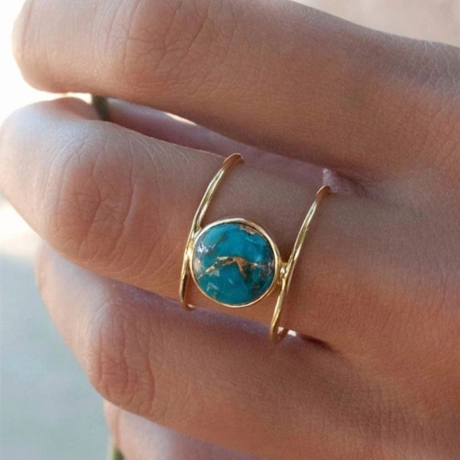 14K Gold Plated Statement Ring for Women Simulated Blue Turquoise Boho ...