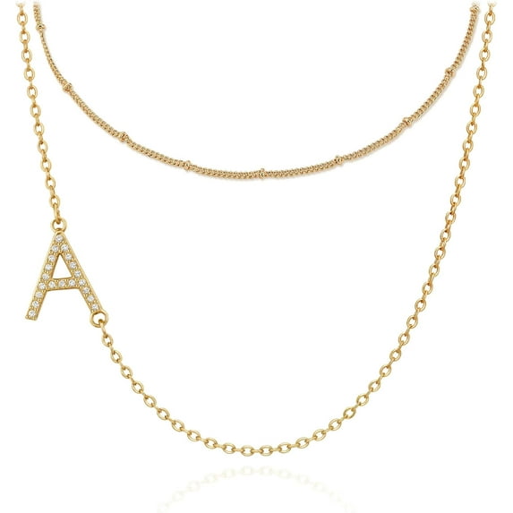 14K Gold Plated Two - Layer Necklace for Women Plain Chain & an Initial ...