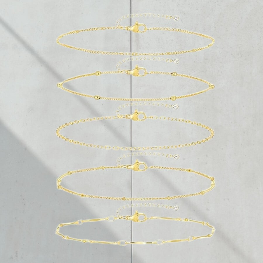 14K Gold Plated Waterproof Adjustable Cuban Link Anklet Set 5PC Layered ...