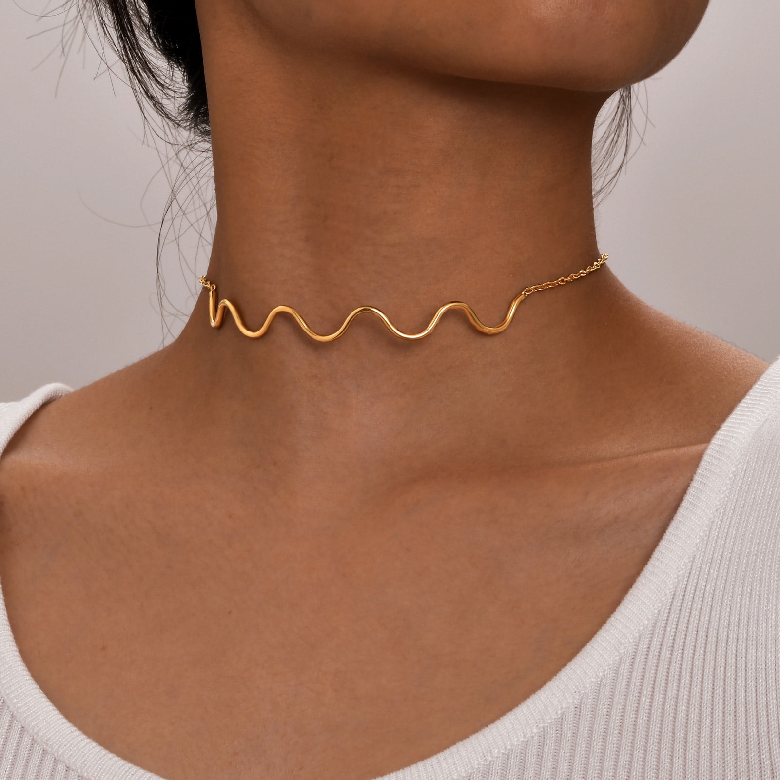 14K Gold Plated Wave Necklace, Dainty Beach Ocean Wave Choker Necklaces ...