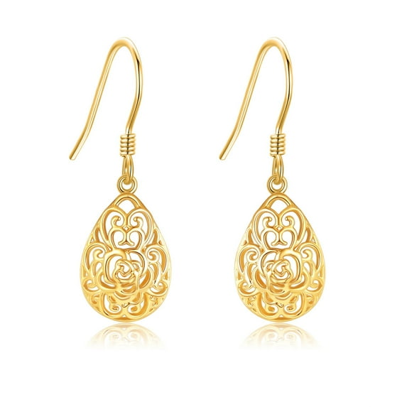 14K Gold Rose Flower Dangle Earrings for Women Real Gold Teardrop ...