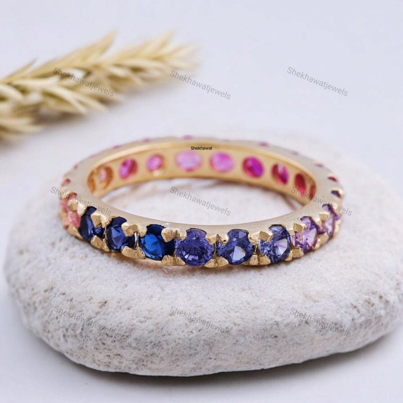 14K Gold Sapphire Eternity Band Wedding Stacking Minimalist Jewelry ...