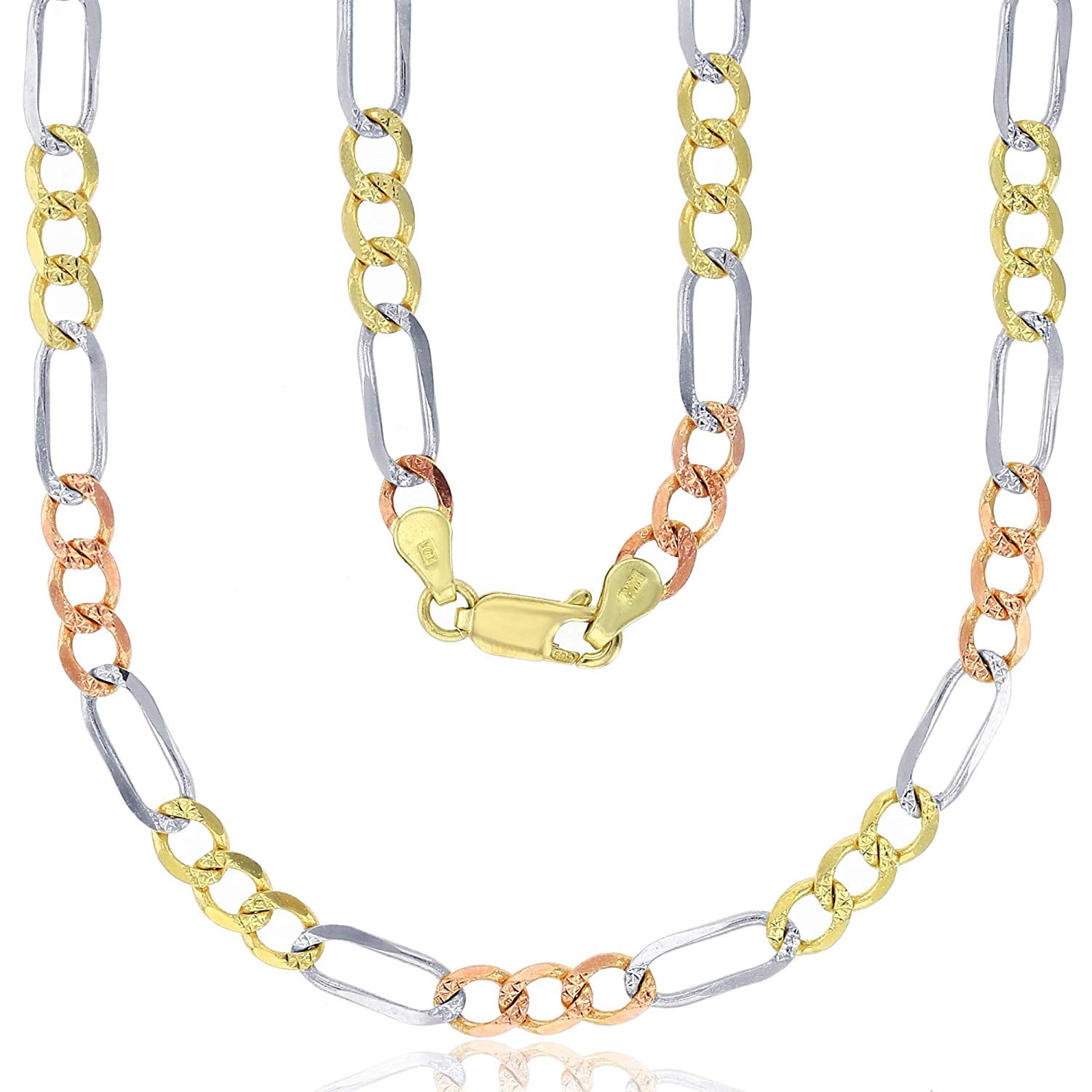 14K Gold Solid Tricolor 2mm-8mm Pave Figaro Link Chain Necklace with ...