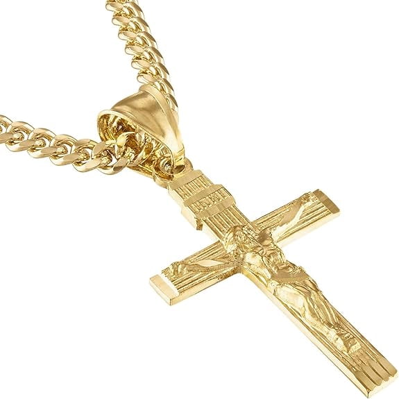 14K Gold Style Curb Chain Cross Pendant Necklace 4MM Cross Necklace ...