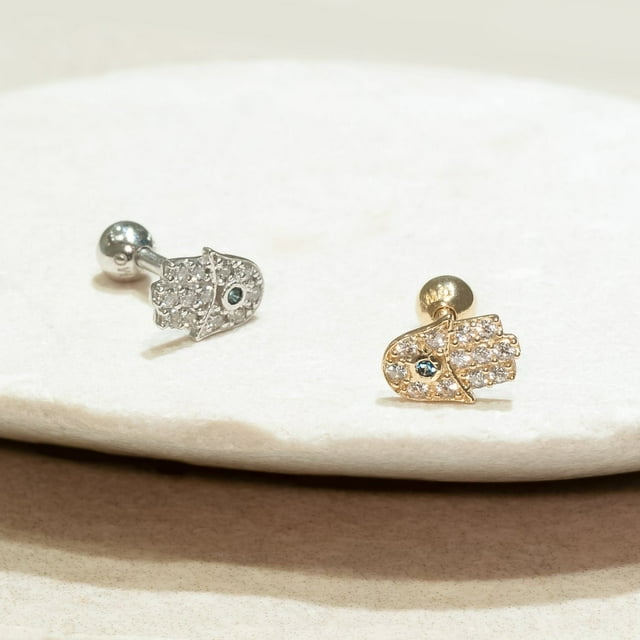 14K REAL Solid Gold Hamsa Sapphire Blue Diamond CZ Cartilage Daith ...