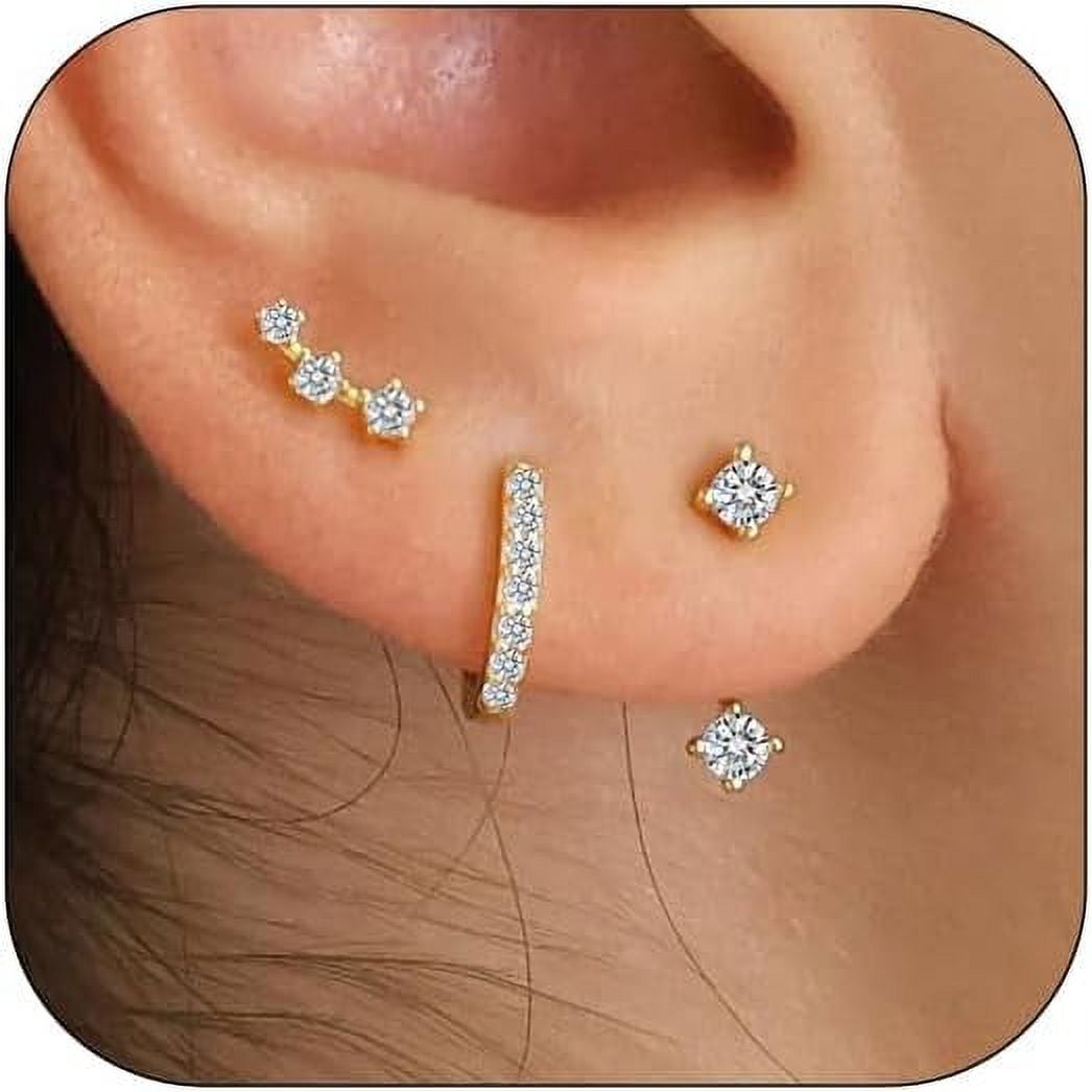 14K Real Gold Earring Sets for Women Gold Stud Earrings Gold Stackable ...
