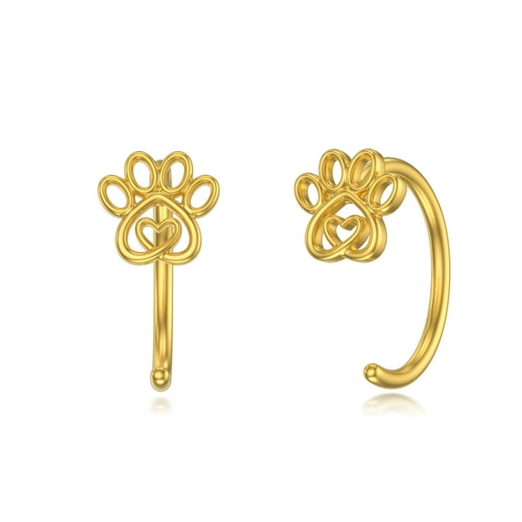 14K Real Gold Paw Print Earrings Solid Yellow Gold Half Hoop Pet Animal ...