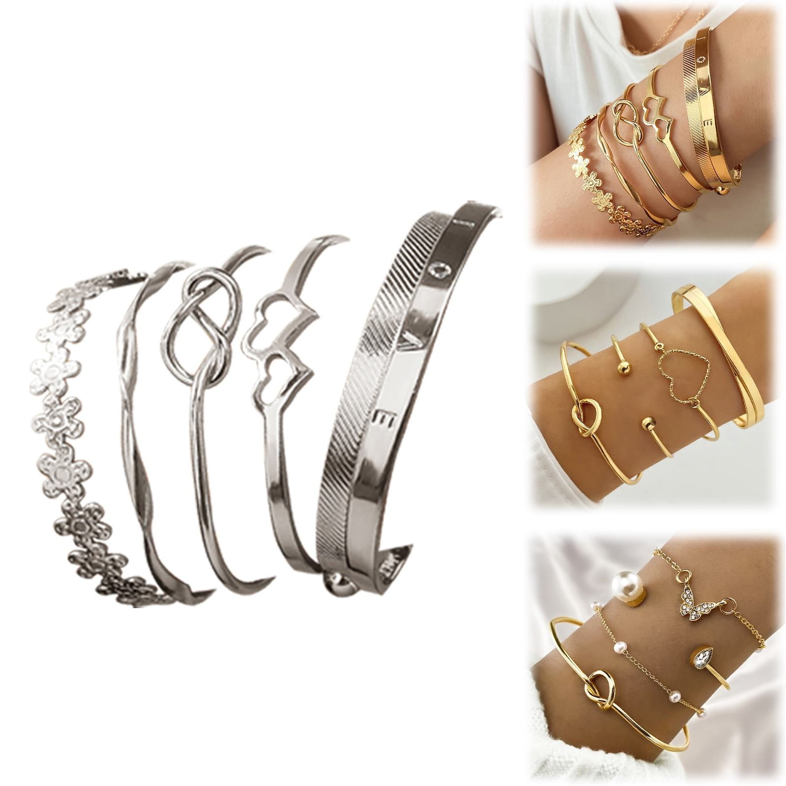 14K Real Gold Plated Cuff Bracelet Bangle Jewelry Set Stackable Trendy ...