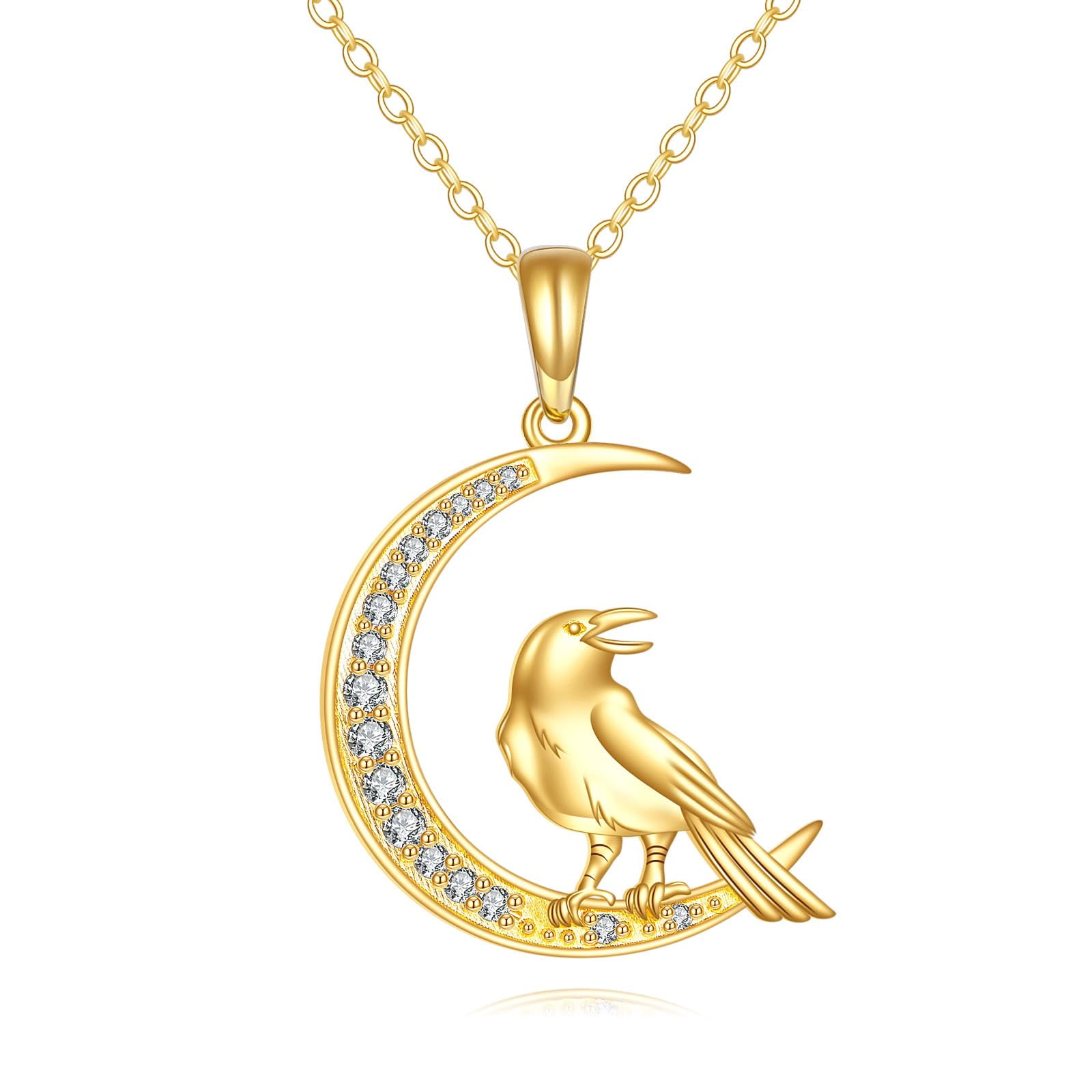 14K Real Gold Raven Necklace for Women Solid Yellow Gold Moon Raven ...