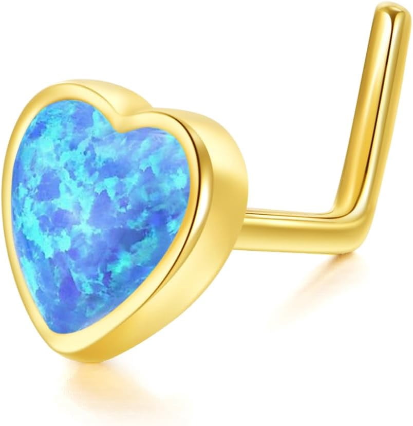 14K Real Solid Gold Nose Stud for Women, Heart Created Moonstone/Opal ...