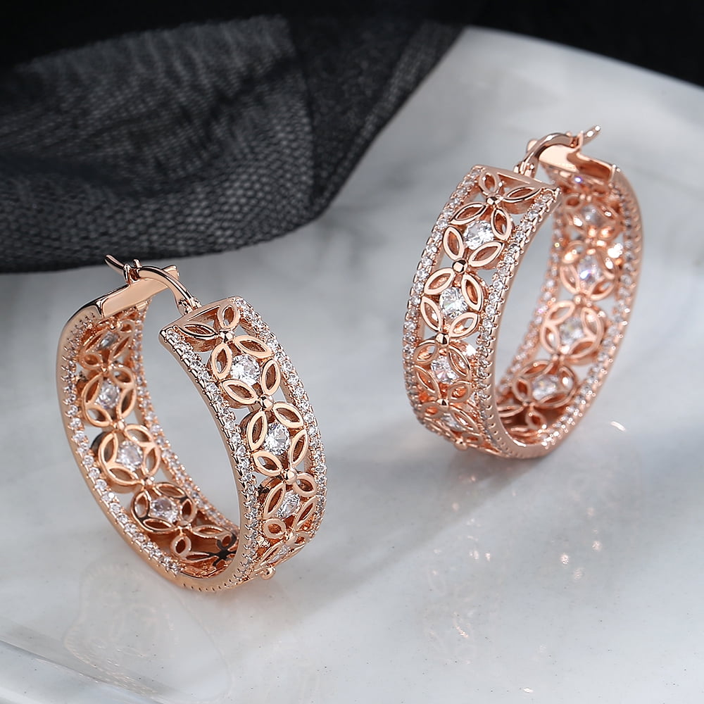 14K Rose Filigree Flower Hoop Earring with Crystals from Swarovski ...