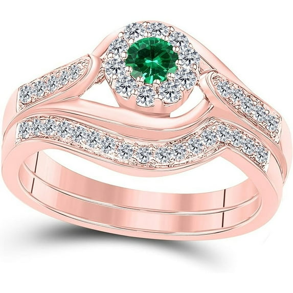 14K Rose Gold-Plated Halo Style Bridal Set 1 CT Round Cut Emerald ...