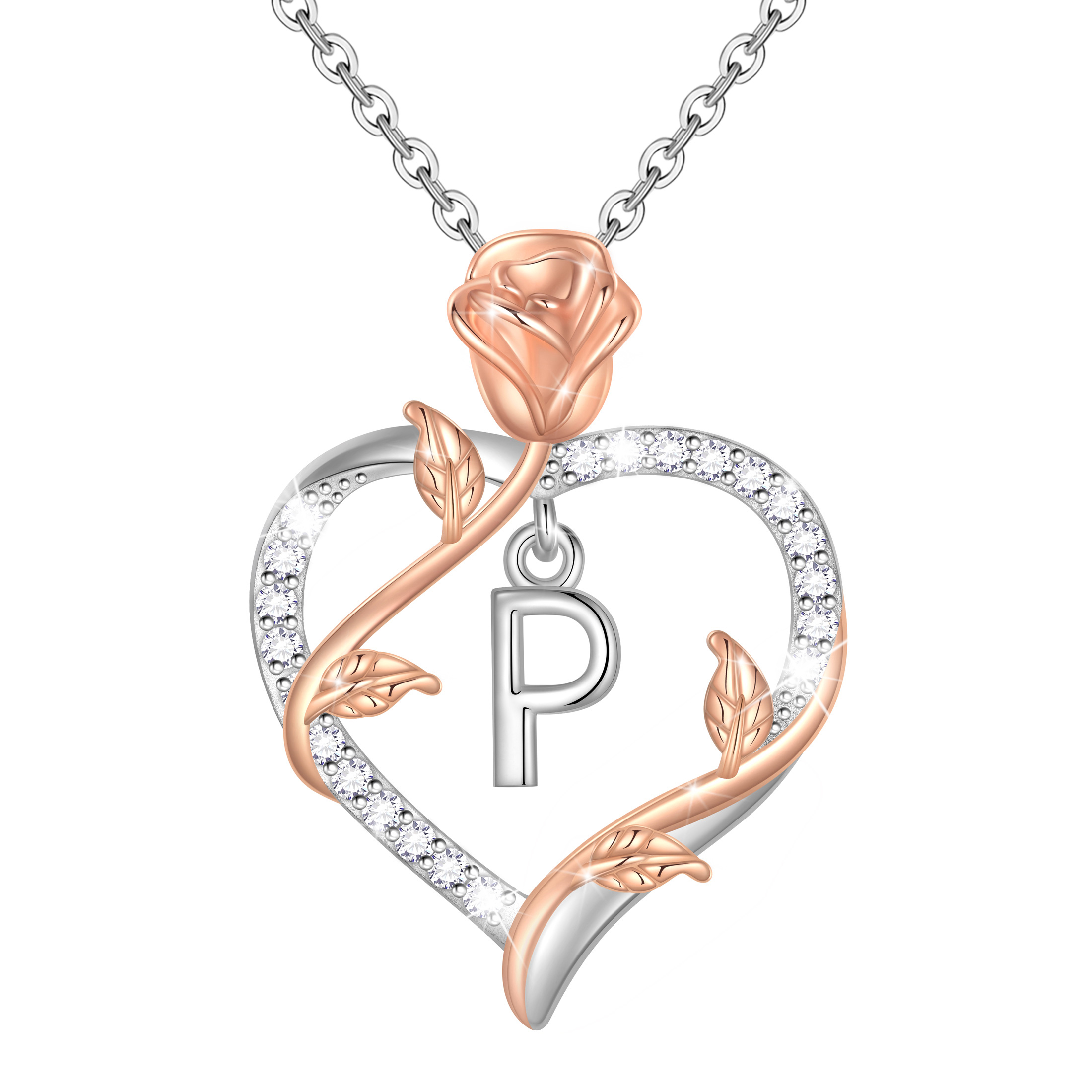 14K Rose Gold Plated Love Heart Initial Necklaces for Women - CZ ...