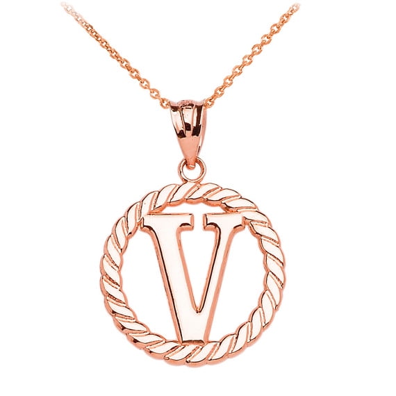 14K Rose Solid Gold Initial in Rope Circle Pendant Initial V (PENDANT ...