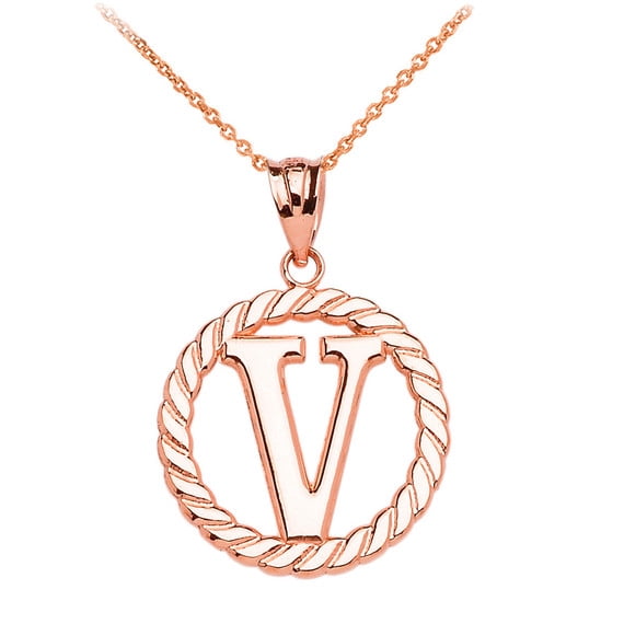 14K Rose Solid Gold Initial in Rope Circle Pendant / Necklace Initial V ...