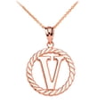 14K Rose Solid Gold Initial in Rope Circle Pendant / Necklace Initial V ...